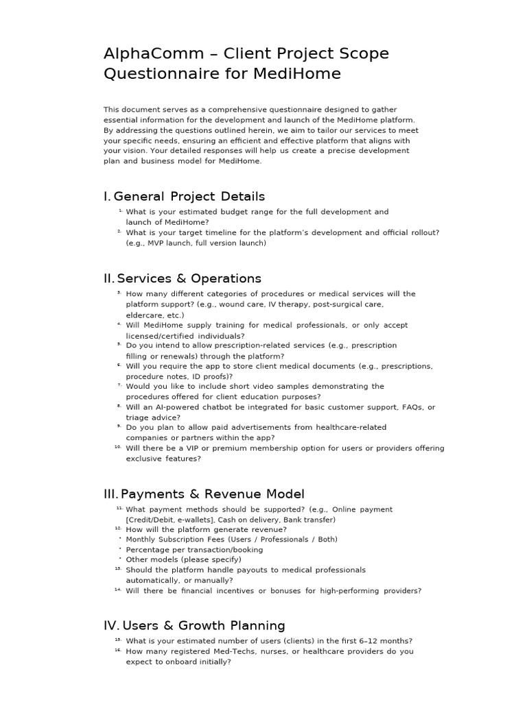 AlphaComm - Client Project Scope Questionnaire For MediHome | PDF ...