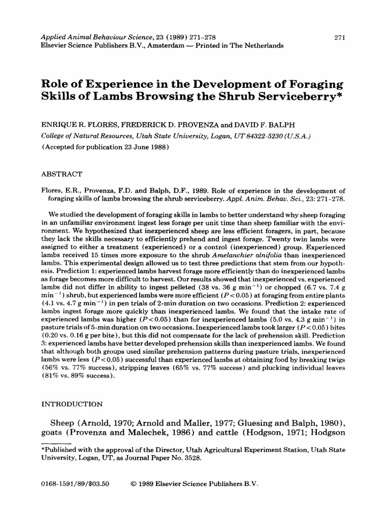 Role of Experience in The Development of Foraging Ski - 1989 - Applied Animal Be | PDF ...