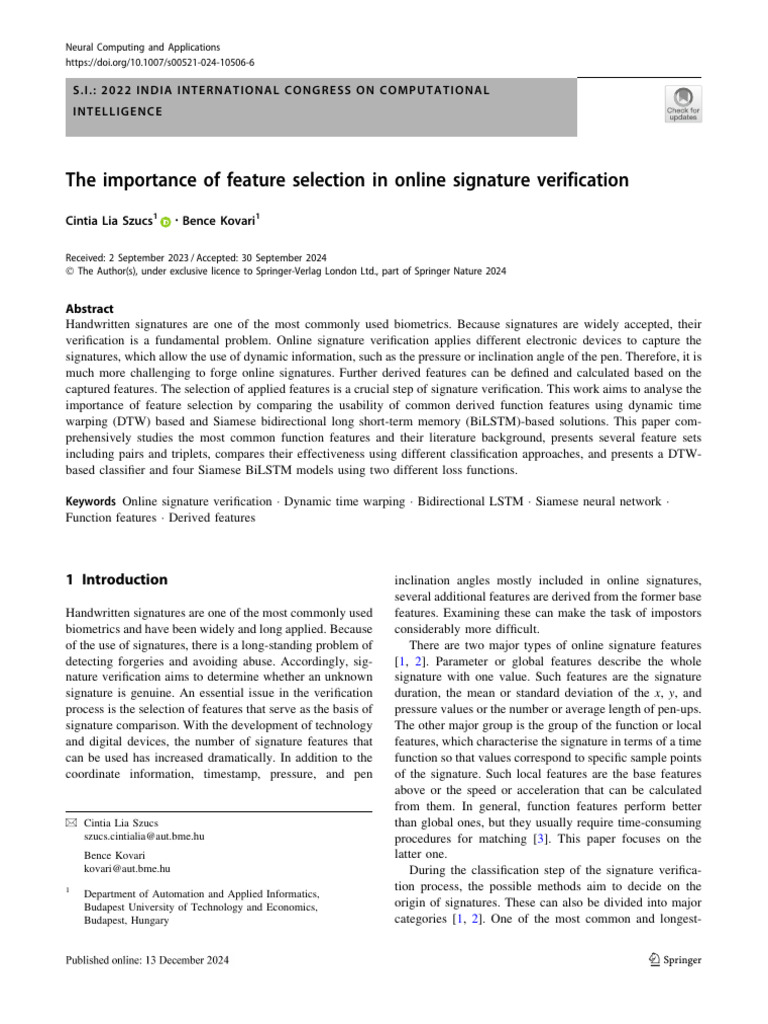 The Importance of Feature Selection in Online Signature Verification | PDF | Signature | Applied ...