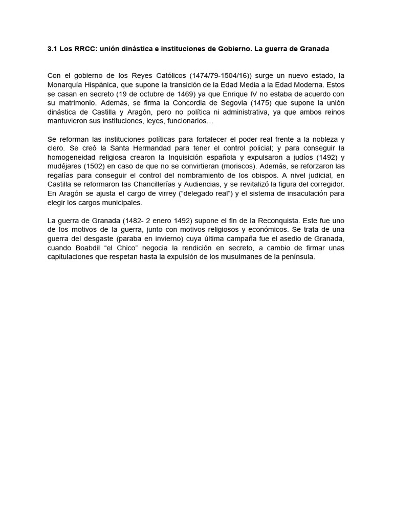 3.1 Los RRCC: Unión Dinástica e Instituciones de Gobierno. La Guerra de Granada | PDF