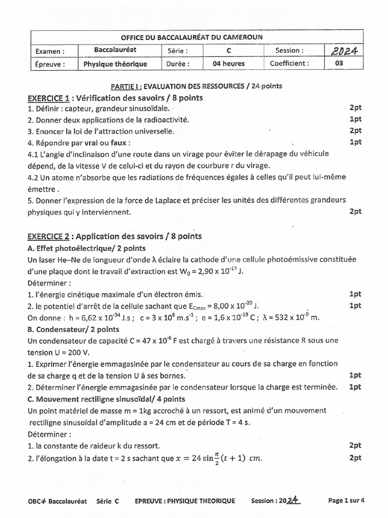 Bac c 2024 Physique Theorique | PDF
