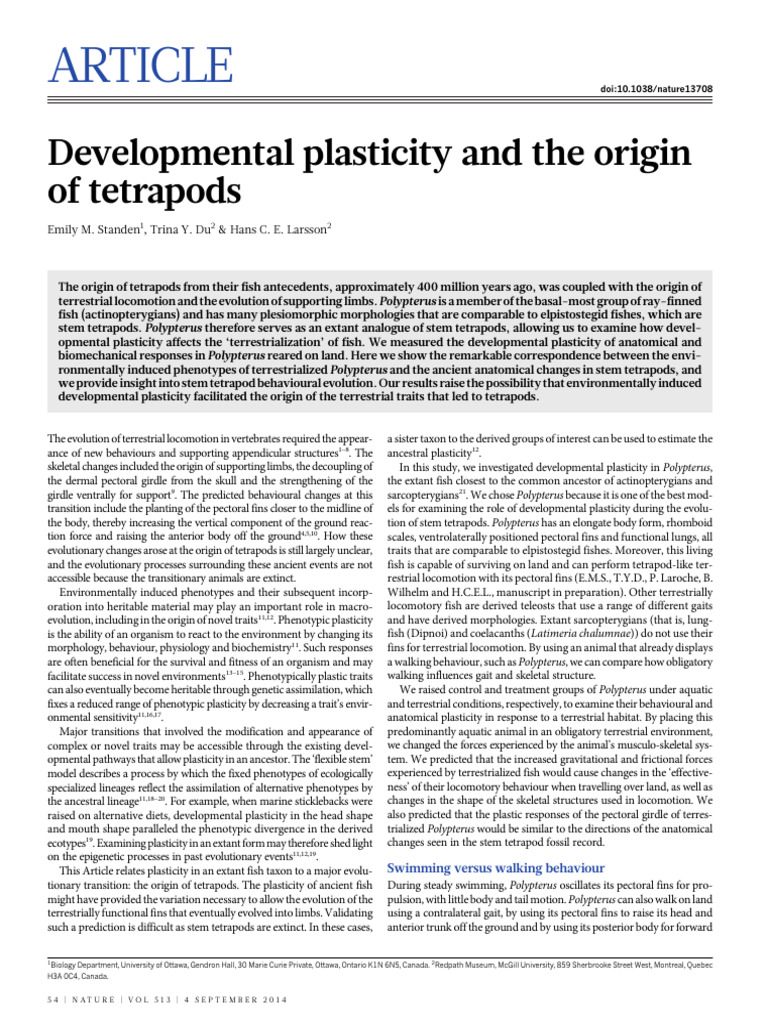 Developmental Plasticity and The Origin of Tetrapods | PDF | Anatomical ...