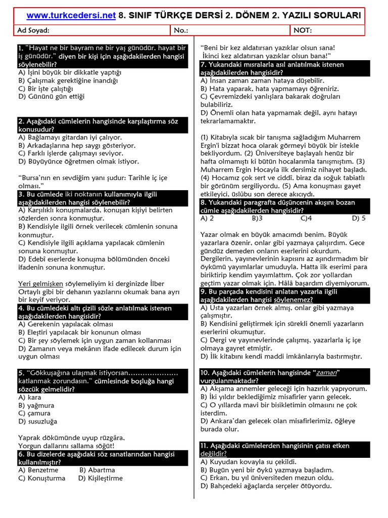 Sinif Turkce Dersi 2. Donem 2. Yazili Sorulari 1 | PDF