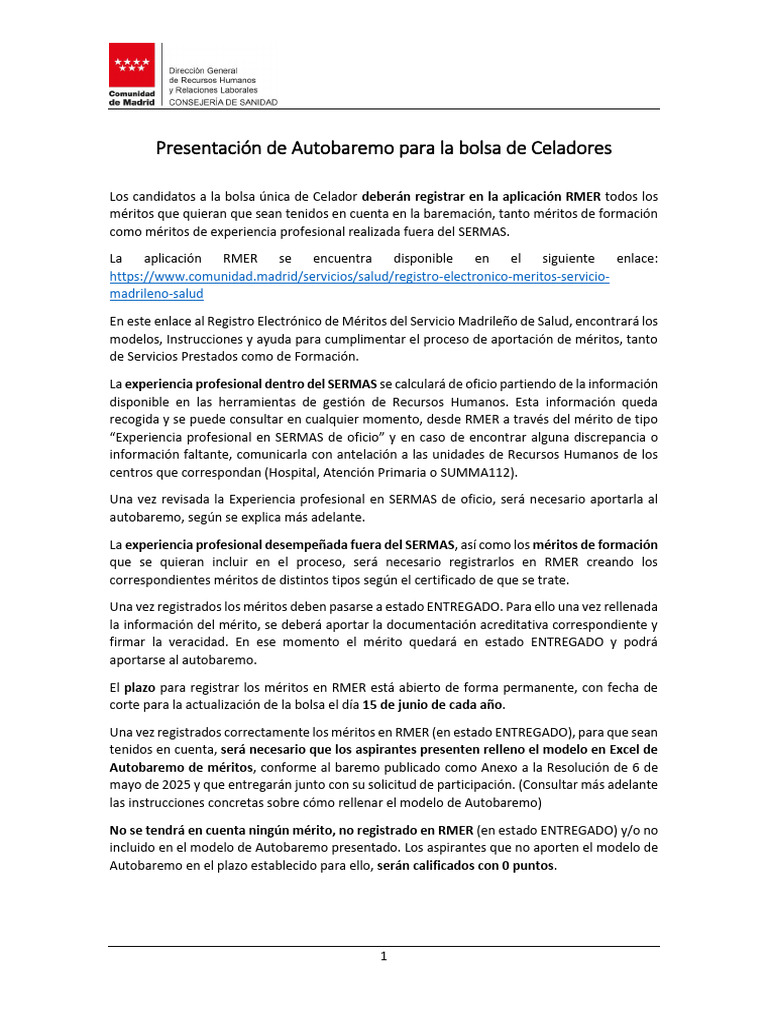 Instrucciones Autobaremo Celadores | PDF | Hospital | Gestión de recursos humanos