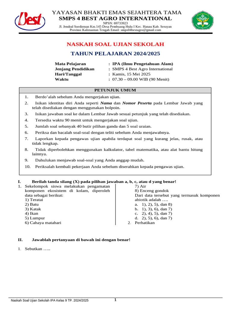Kop Soal Ujian Sekolah Kelas 9 Th. 2025 | PDF