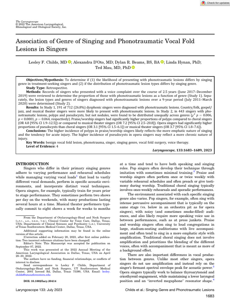 Association of Genre of Singing and Phonotraumatic Vocal Fold Lesions in Singers | PDF | Singing ...