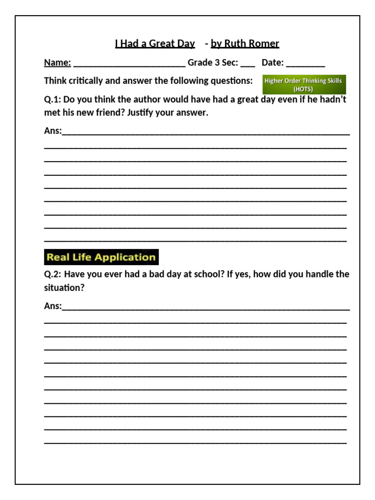 English - Great - Day - Worksheet - 3 - HOTS - April - 9th - HW | PDF