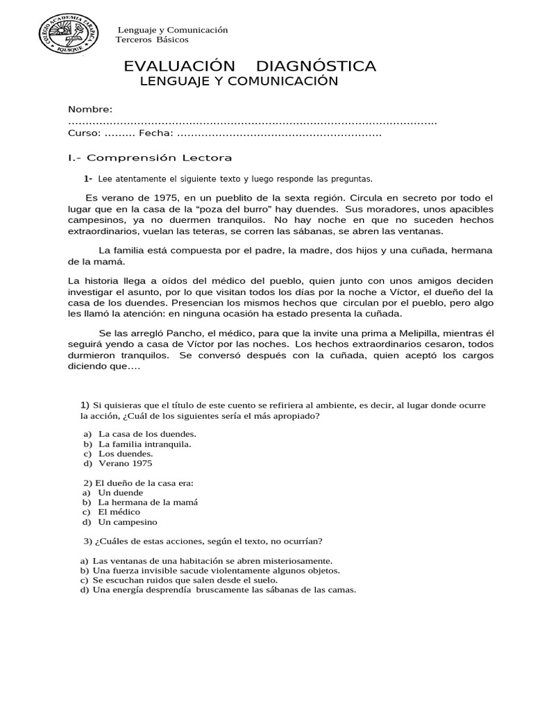 Prueba de Diagnc3b3stico Lenguaje | PDF