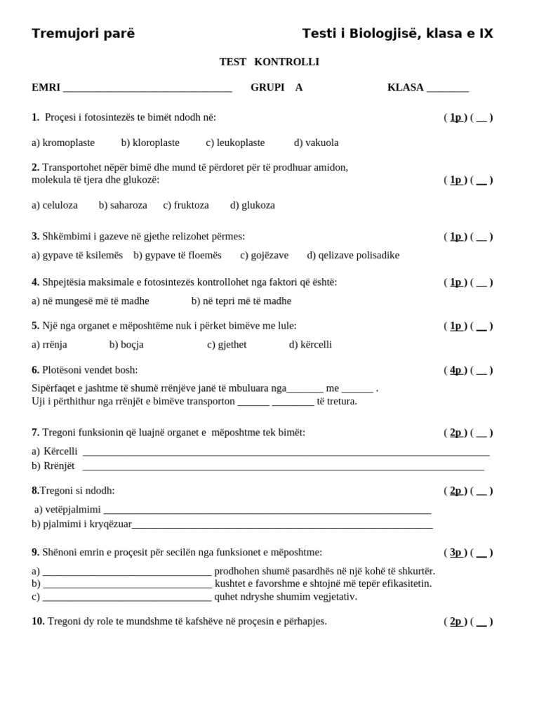 Testi I Biologjise 9.1 Tremujori I Pare 2022 | PDF