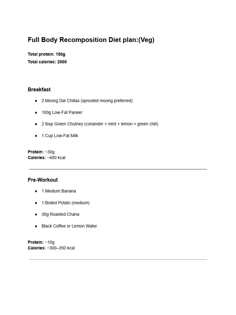 Full Body Recomposition Diet Plan - (Veg) | PDF