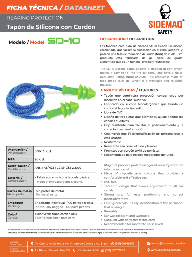 Ficha Tecnica Protector Auditivo SD 10 SIDEMAQ SAFETY | PDF | ruido