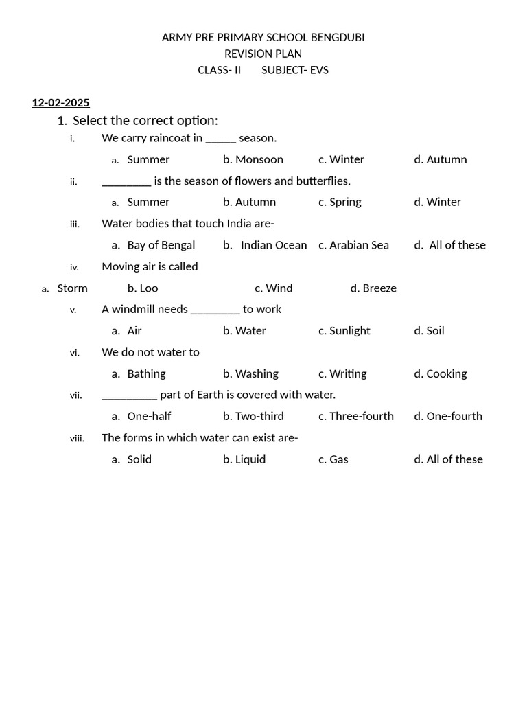 EVS Revision Plan for Class II Students | PDF | Water | Planets