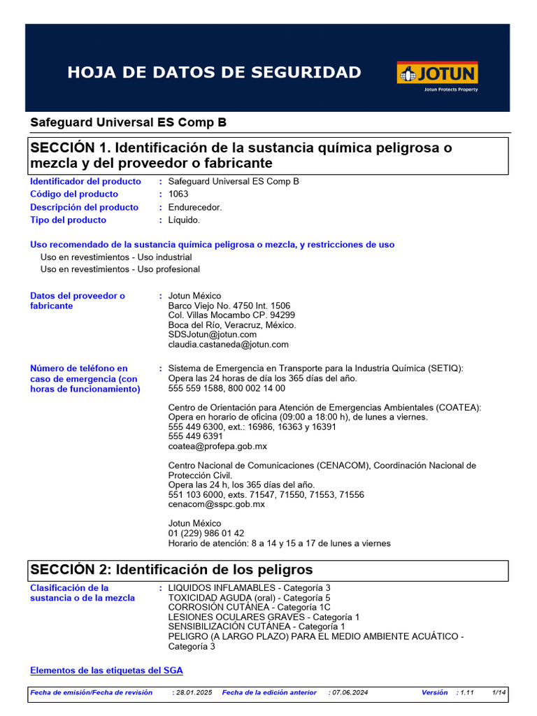 Hoja de Seguridad Safeguard Universal ES Comp B | PDF | Química
