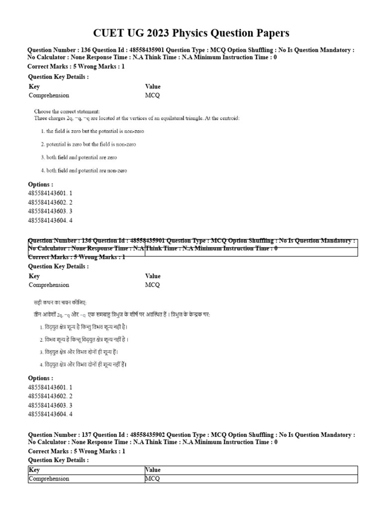 CUET Physics Previous Year Question Paper 2023 | PDF | Multiple Choice ...