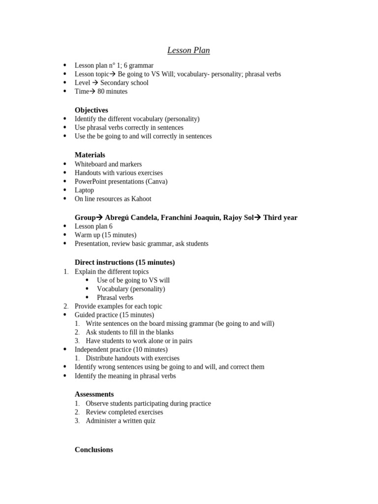 Grammar Lesson Plan: Be Going to vs Will | PDF