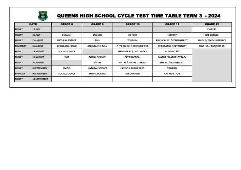 Test Timetable Term 3 2024 | PDF