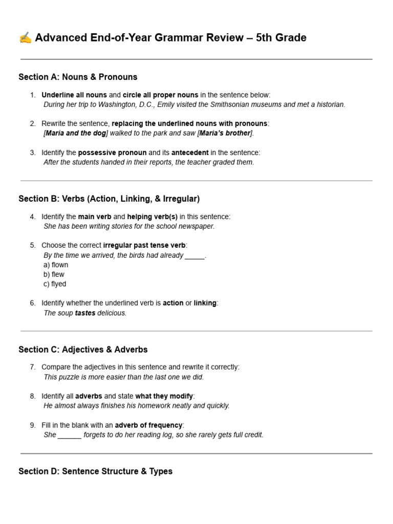 5th Grade Year-End Grammar Review | PDF | Part Of Speech | Verb