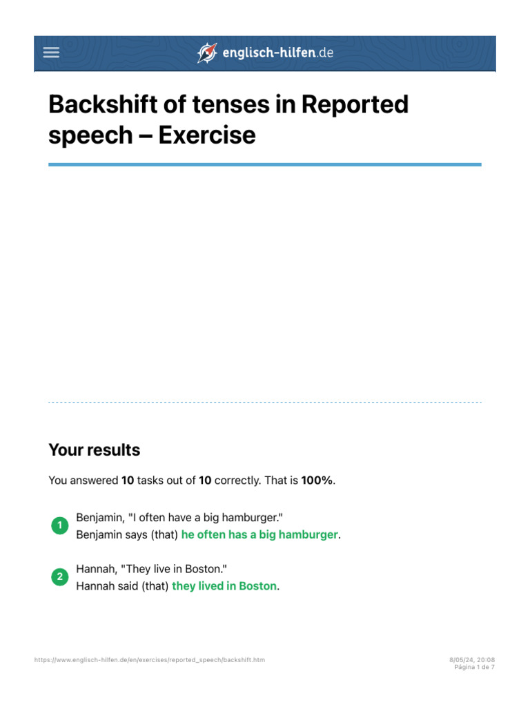 Backshift of Tenses in Reported Speech - Online Exercise | PDF
