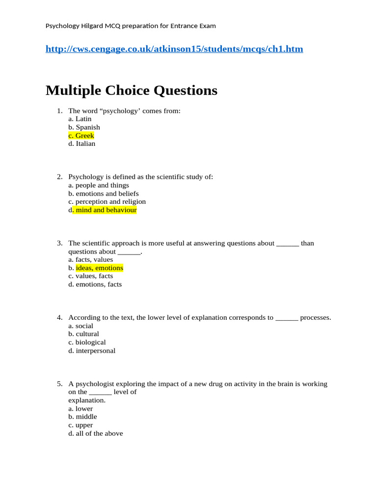 HILGARD - Psycho - Entrance Exam - Multiple Choice Questions | PDF | Psychology | Behaviorism