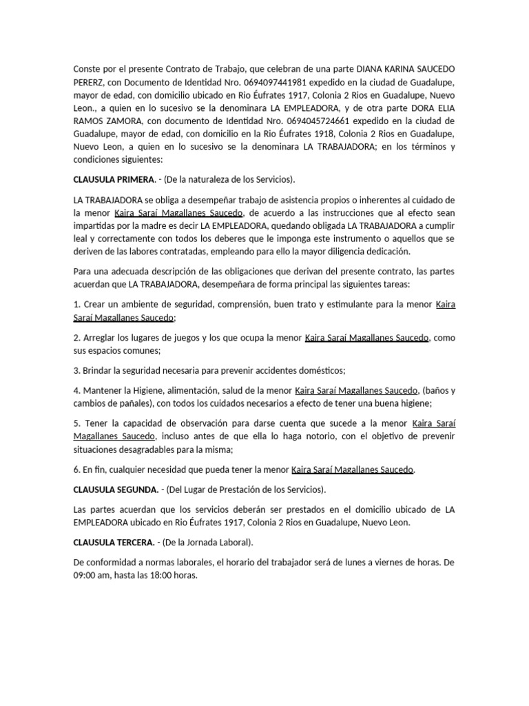 Contrato Niñera | PDF