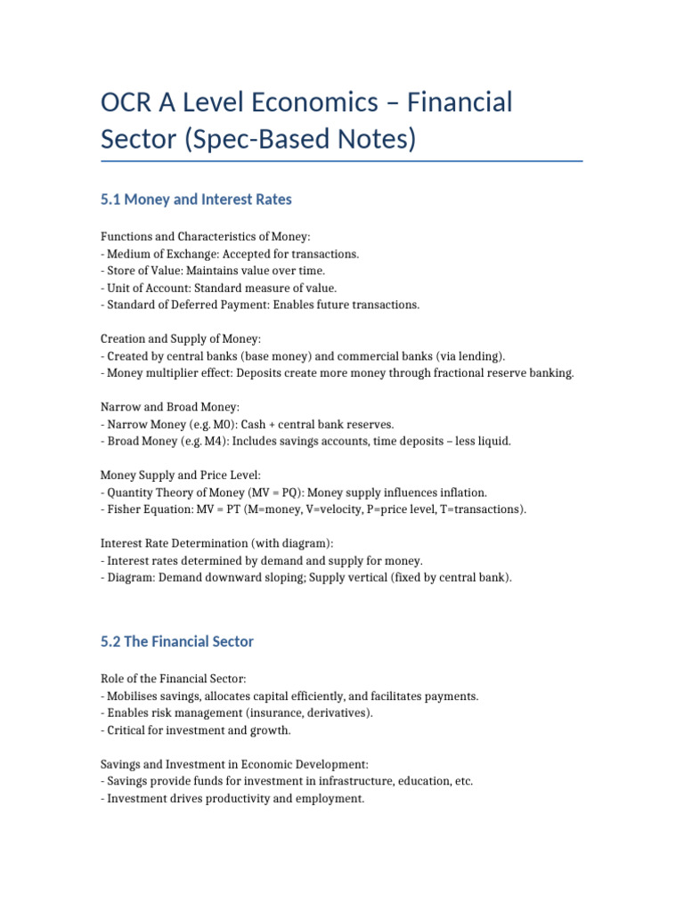 OCR Economics Financial Sector Spec Based Notes | PDF | Money | Interest