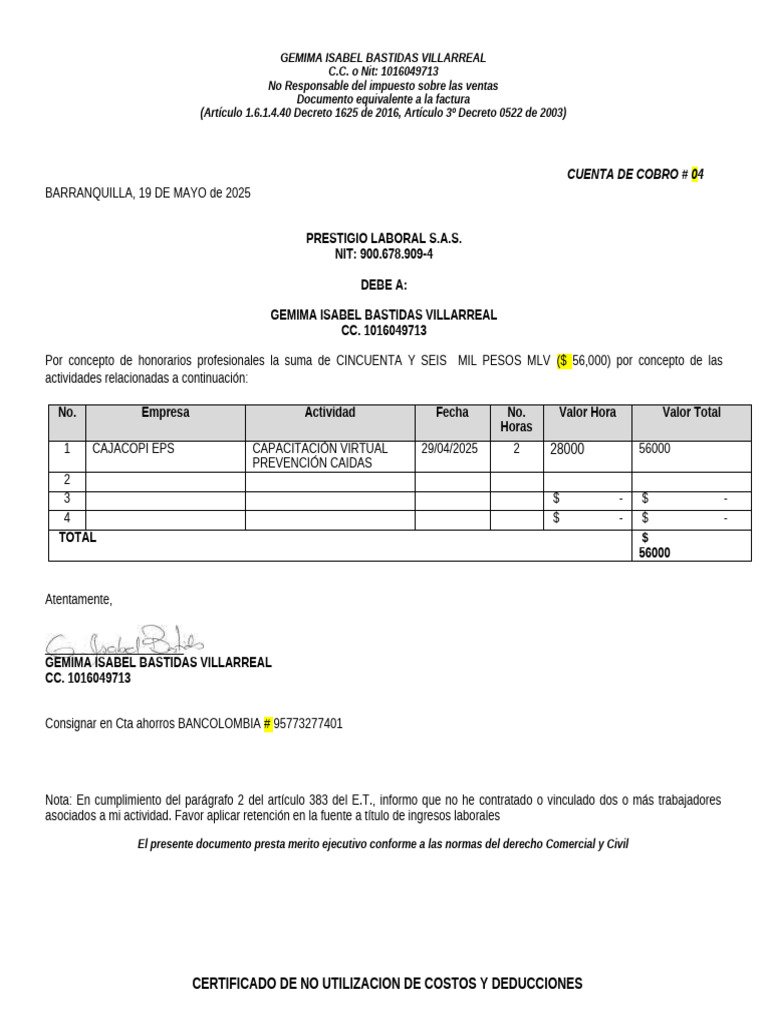 MODELO CTA DE COBRO 2025 Prestigio Laboral | PDF