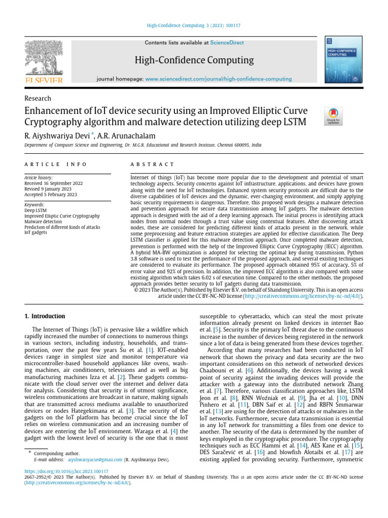 Enhancement of IoT Device Security Using An Improved Elliptic Curve Cryptography Algorithm and ...