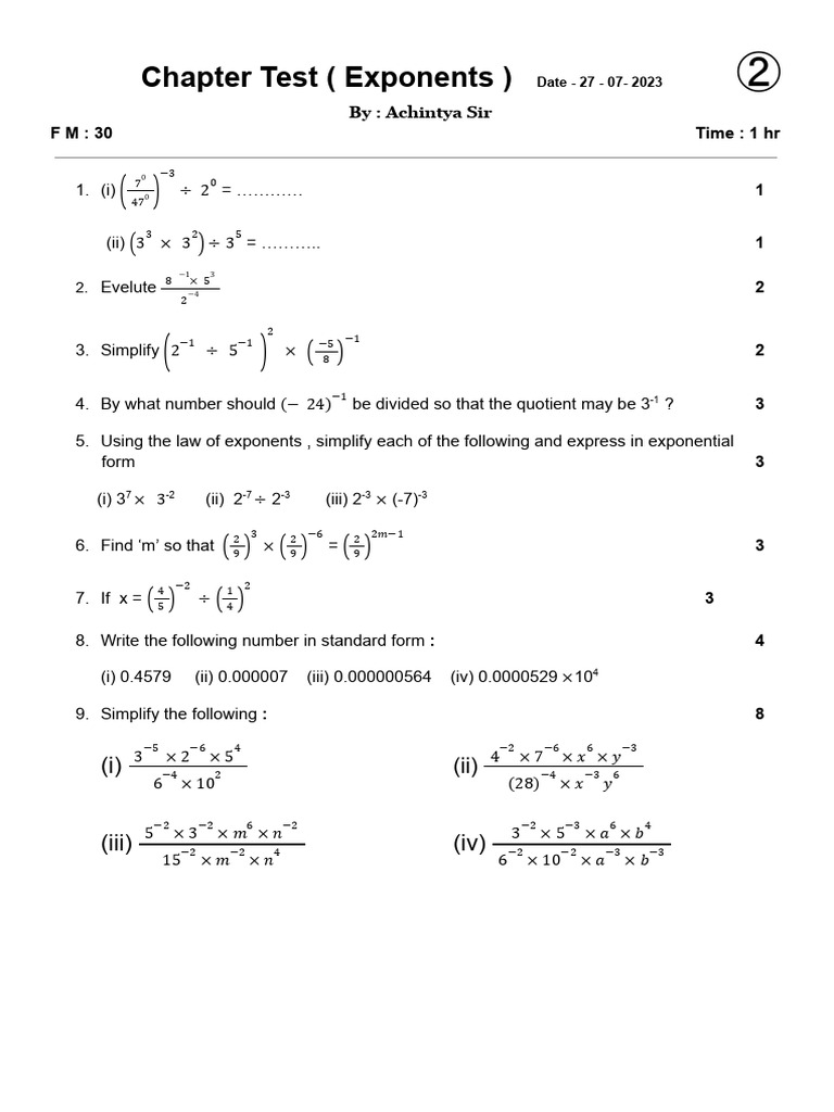 Chapter Test (Exponents) Date - 27 - 07 - 2023 | PDF | Mathematical ...
