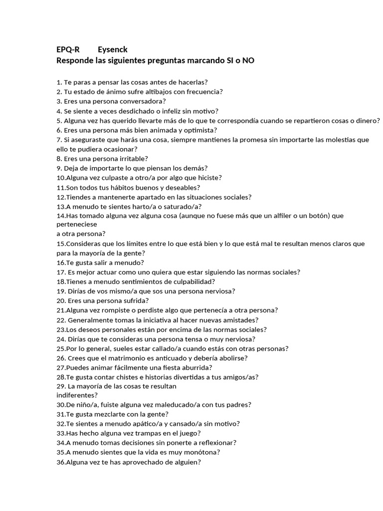 Cuestionario EPQ-R de Eysenck | PDF