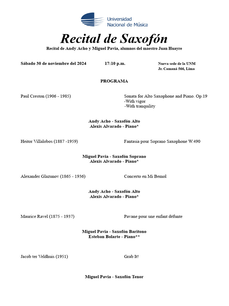 UNM - Programa Practica Preprofesional Andy Acho y Miguel Pavia | PDF | Saxofón | Música clásica