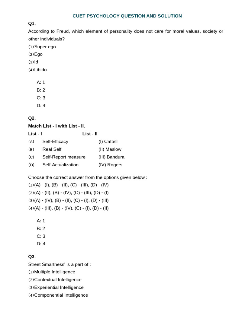 Psychology Questions with Answers set 1 - Copy | PDF | Mental Disorder ...
