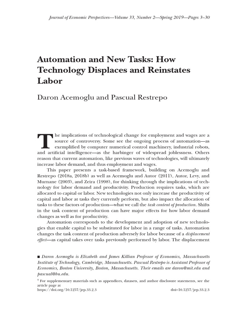 Acemoglu Restrepo 2019 JEP | PDF | Labour Economics | Automation