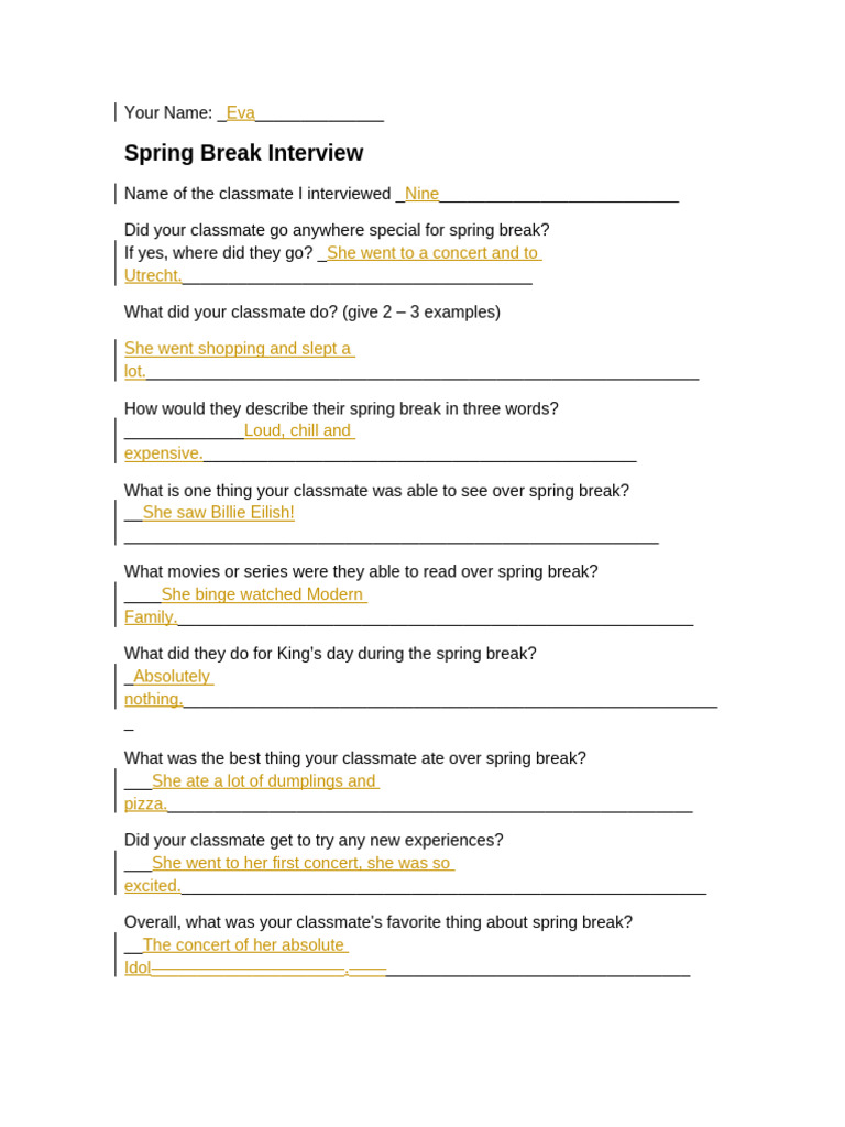 Spring Break Interview | PDF
