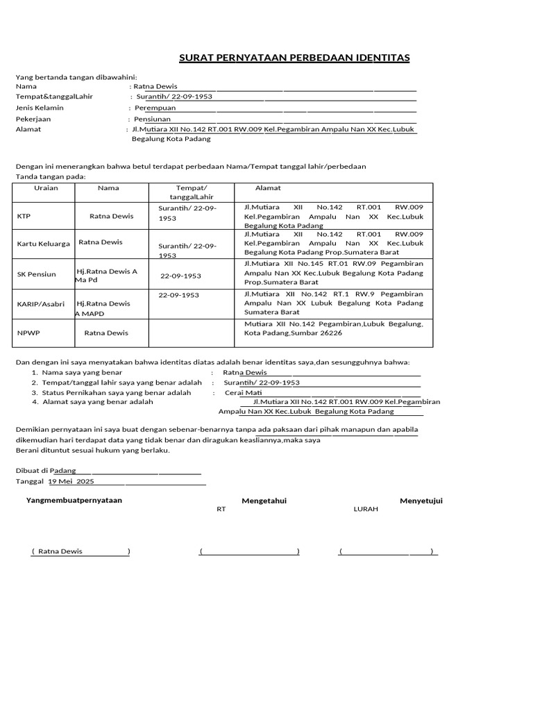 Surat Ket Beda Indentitas RATNA DEWIS | PDF