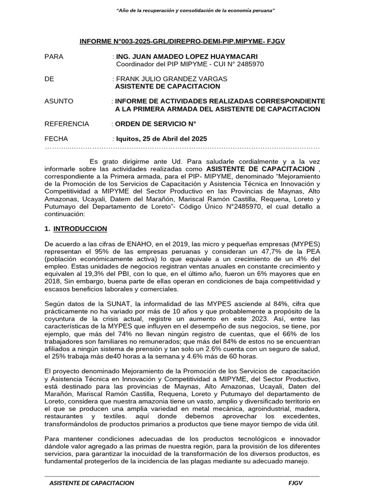 INFORME ASISTENTE DE CAPACITACION N°3-FRANK-2025 | PDF | Pequeñas y medianas empresas | Negocios ...
