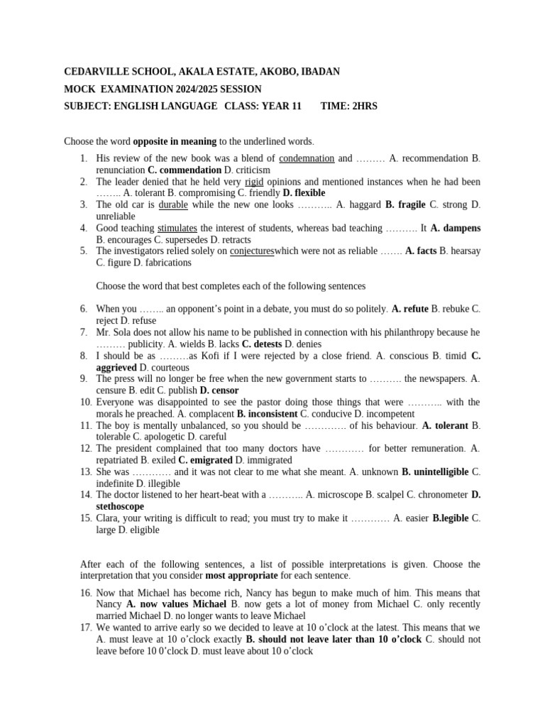 Cedarville, Year 11, Mock Exam (English Language) | PDF | Reading ...
