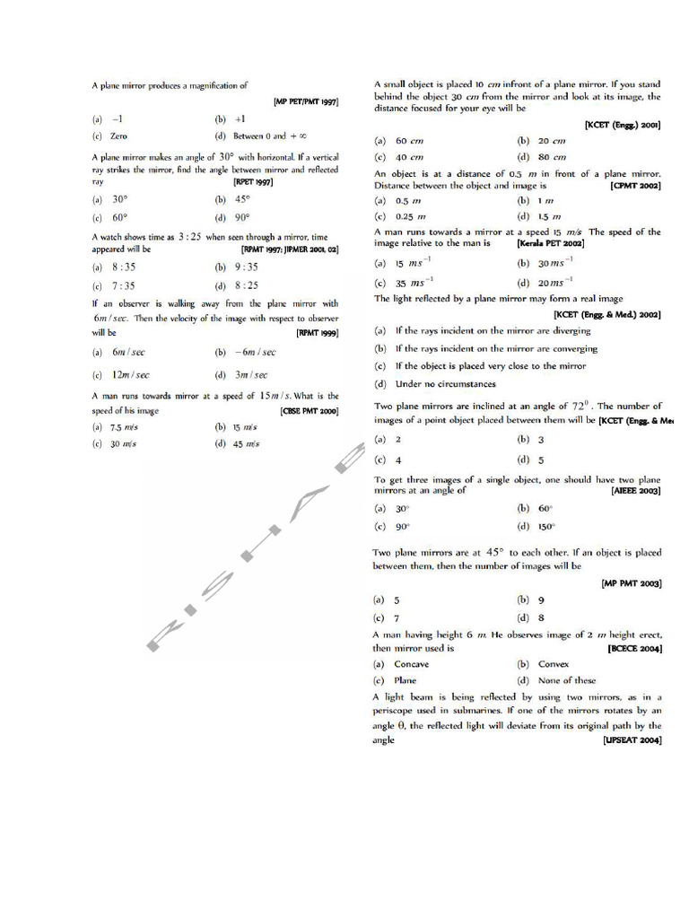 Mirror Practice Sheet (1) Class 12 PYQ'S FOR RAYOPTIC ONLY MIRROR | PDF