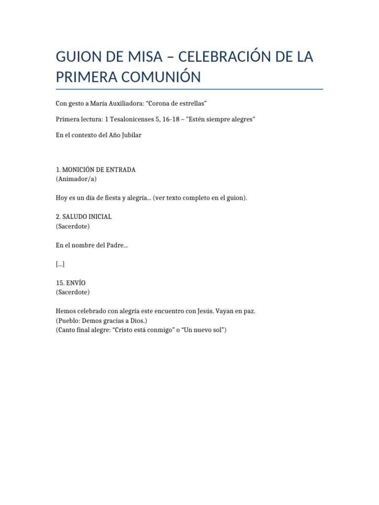 Guion Misa Primera Comunion Maria | PDF