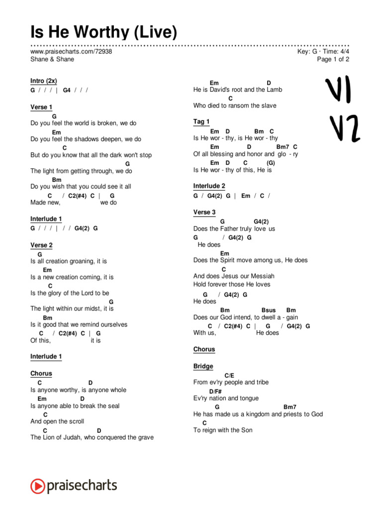 Is He Worthy (Live) (Shane & Shane) Chord Chart - G - 2 Column Layout ...