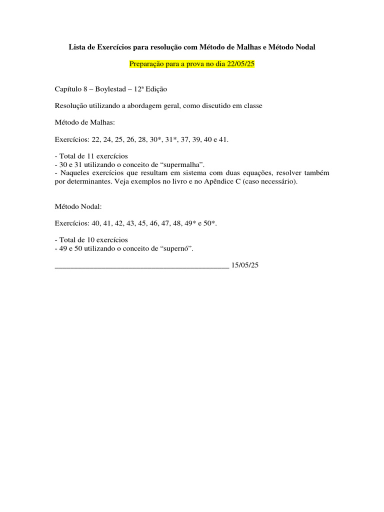 Lista de Exerccios Mtodos de Malhas e Nodal Boylestad | PDF