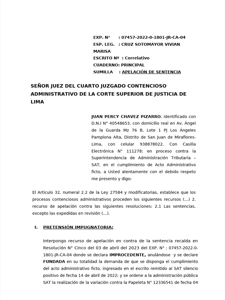 Apelacion Sentencia Juan Percy | PDF | Apelación | Caso de ley
