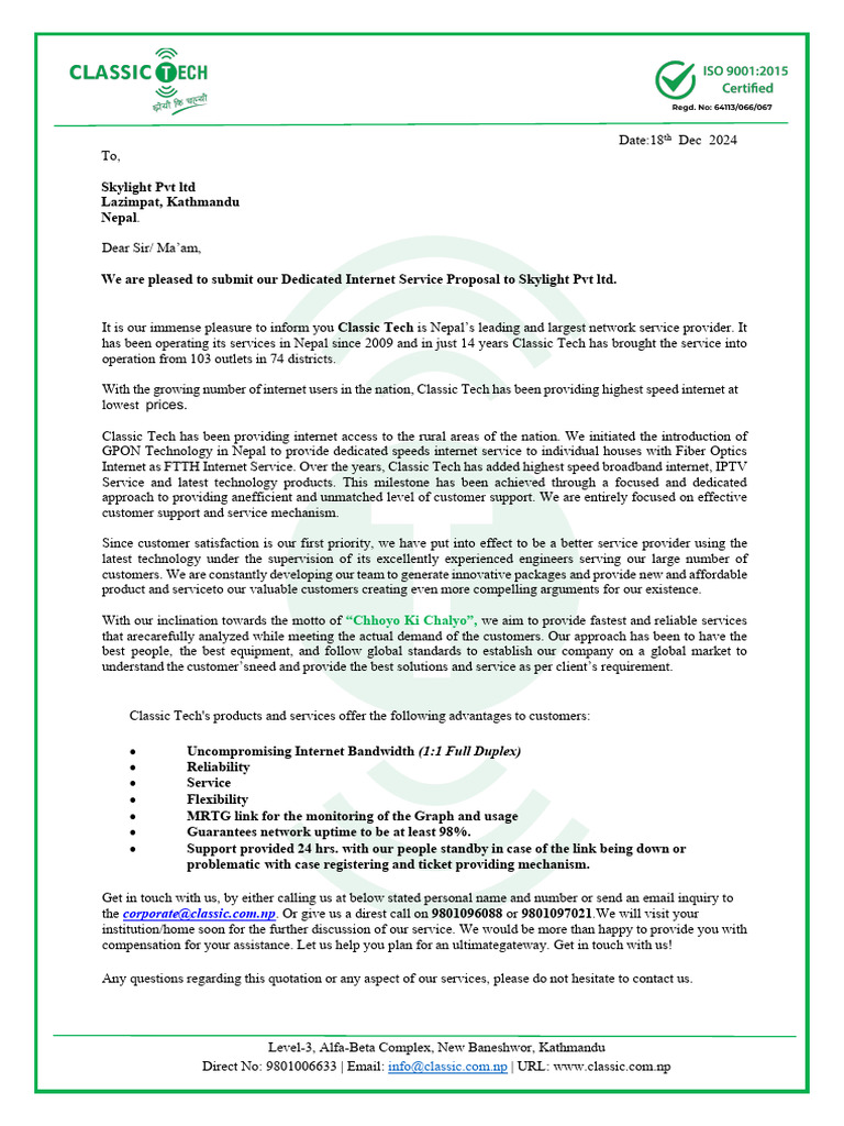 Skylight PVT LTD Revised Quotation | PDF | Internet | Fiber To The X