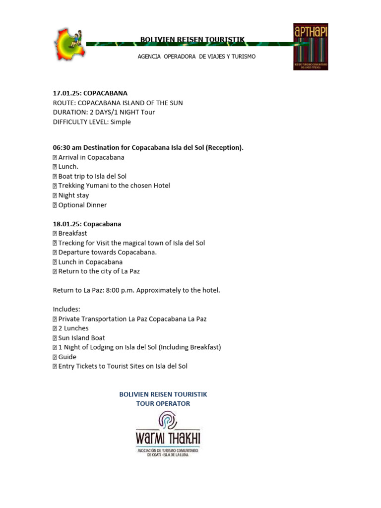 Cotización Tiwanaku Copacabana | PDF
