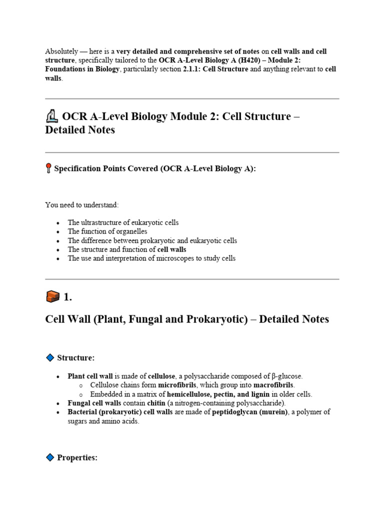 Cell Structure Chatgpt Notes | PDF | Cell (Biology) | Cell Wall