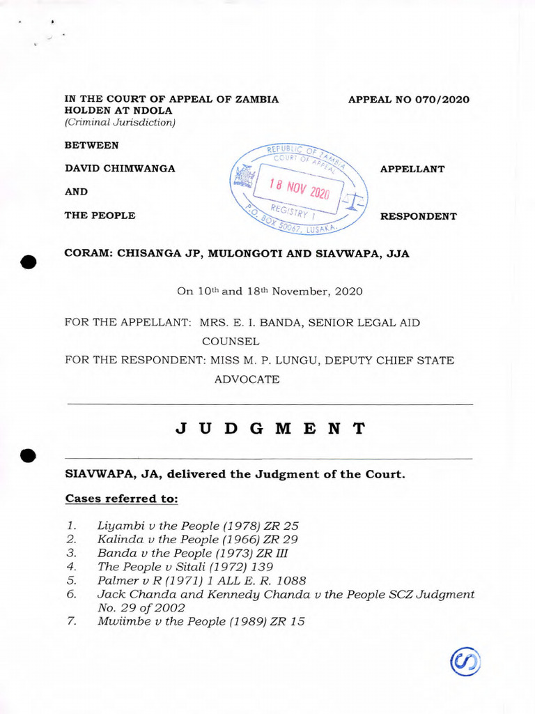 App 70 2020 David Chimwanga Vs The People Coram Chisanga JP Mulongoti Siavwapa JJA | PDF ...