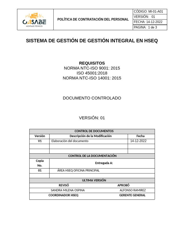 Mi-01-A01 Pol÷tica de Contrataci N Del Personal | PDF