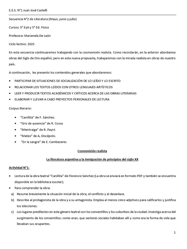 Secuencia 2 de Literatura para 5° EyA y Edfis 2025 de Leon | PDF | Realismo literario | Teatro