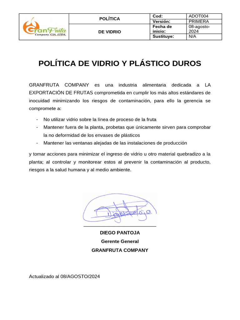 Adot004 - Política de Vidrio 20240808 - PC | PDF
