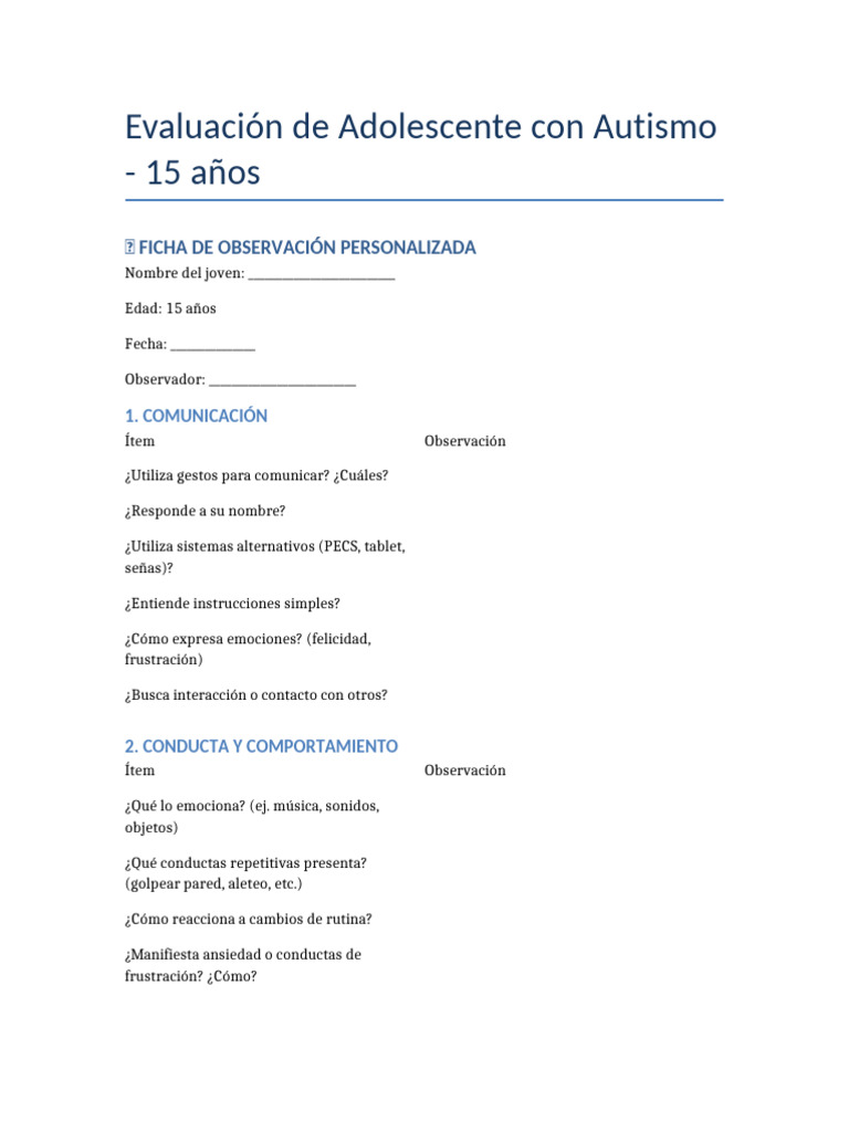 Ficha Evaluacion Autismo 15 Anos | PDF | Autismo | Comportamiento