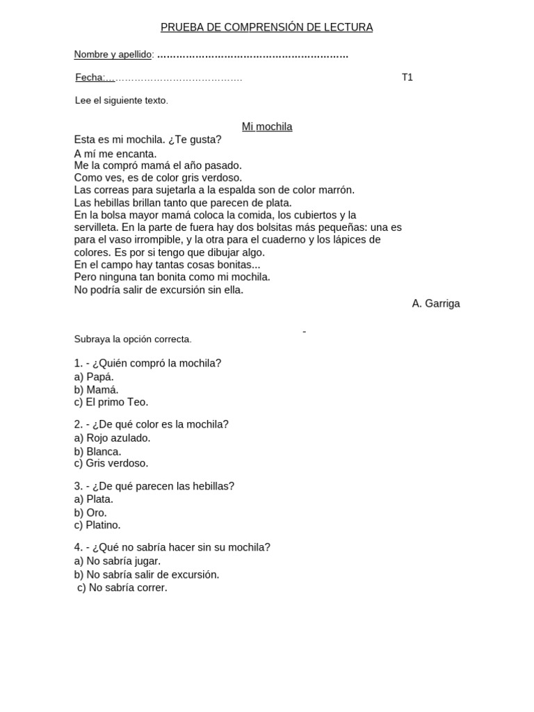 Actividades de Comprensión Lectora: Mochila | PDF